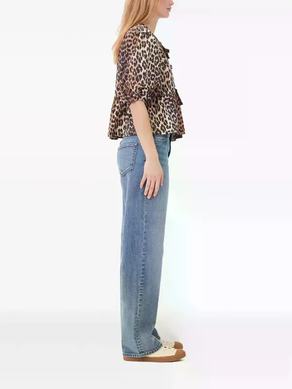 GANNI Leopard-print Organic-cotton Blouse - Brown