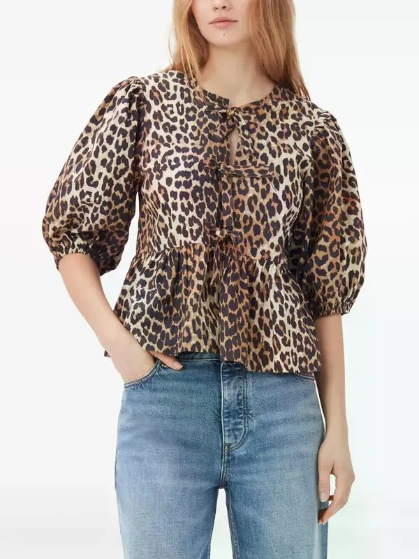 GANNI Leopard-print Organic-cotton Blouse - Brown