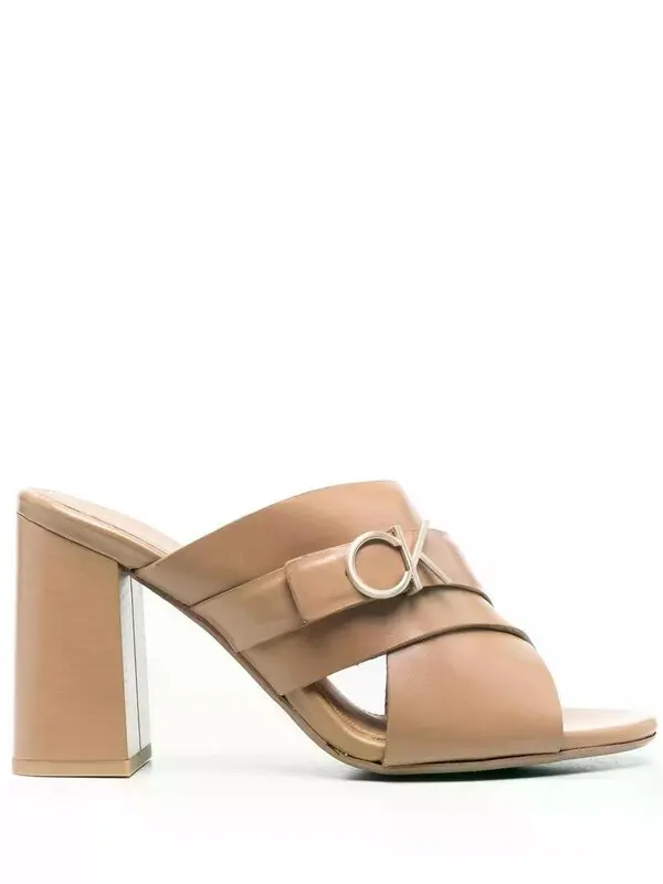 Calvin Klein 95mm High Block Heel Logo Plaque Sandals - Neutrals