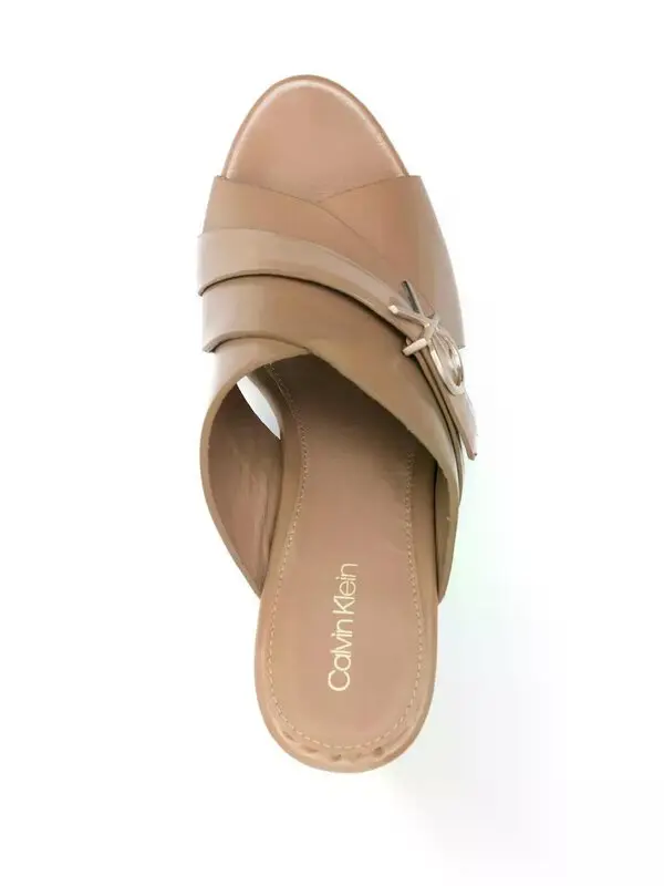 Calvin Klein 95mm High Block Heel Logo Plaque Sandals - Neutrals