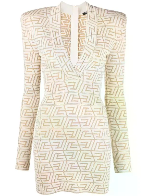 Balmain Monogram-jacquard Mini Dress - Neutrals