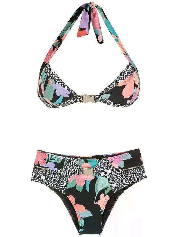 AMIR SLAMA Print Hibiscus Bikini Set - Black