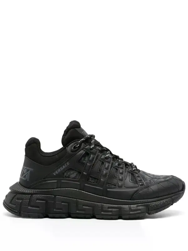Versace Trigreca Jacquard Leather Lace-up Sneakers - Black