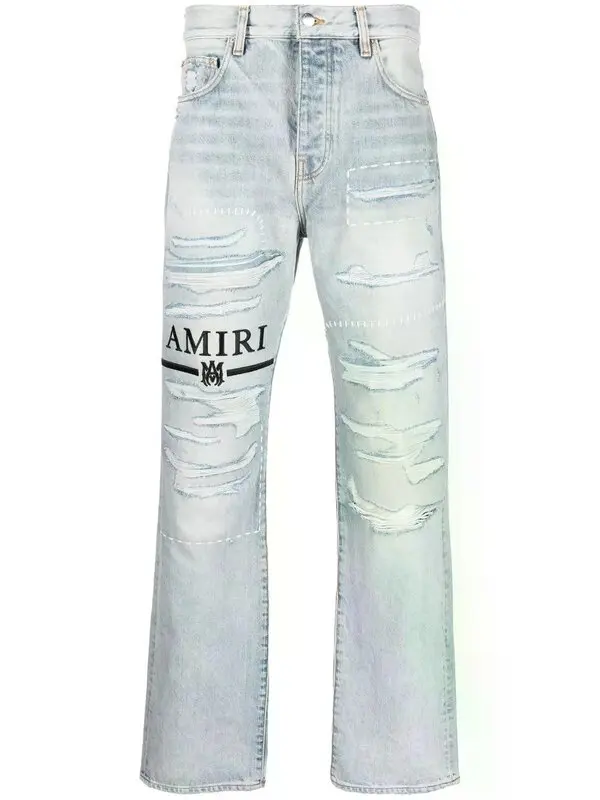 Amiri Logo-embroidered Ripped Straight-leg Jeans