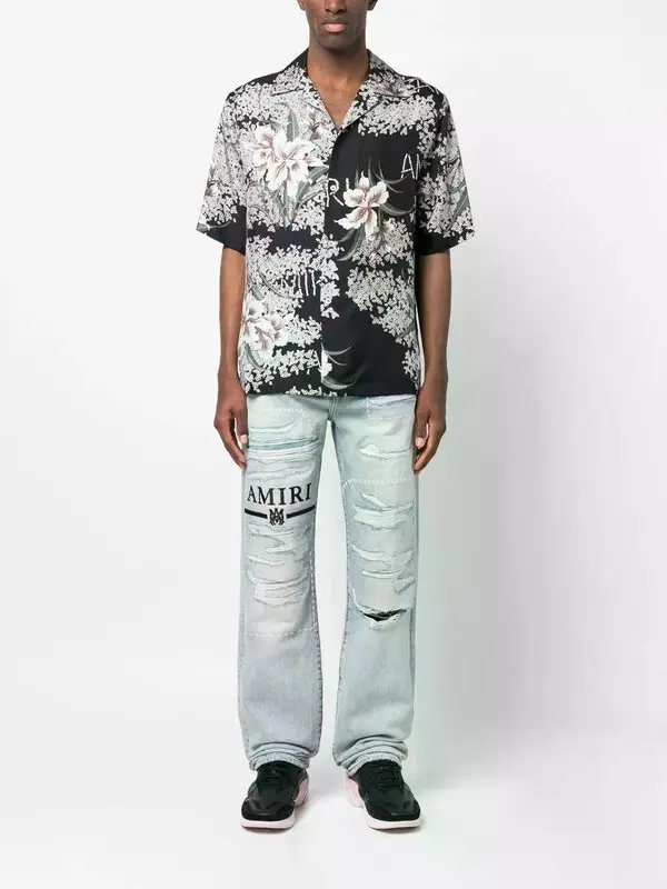 Amiri Logo-embroidered Ripped Straight-leg Jeans