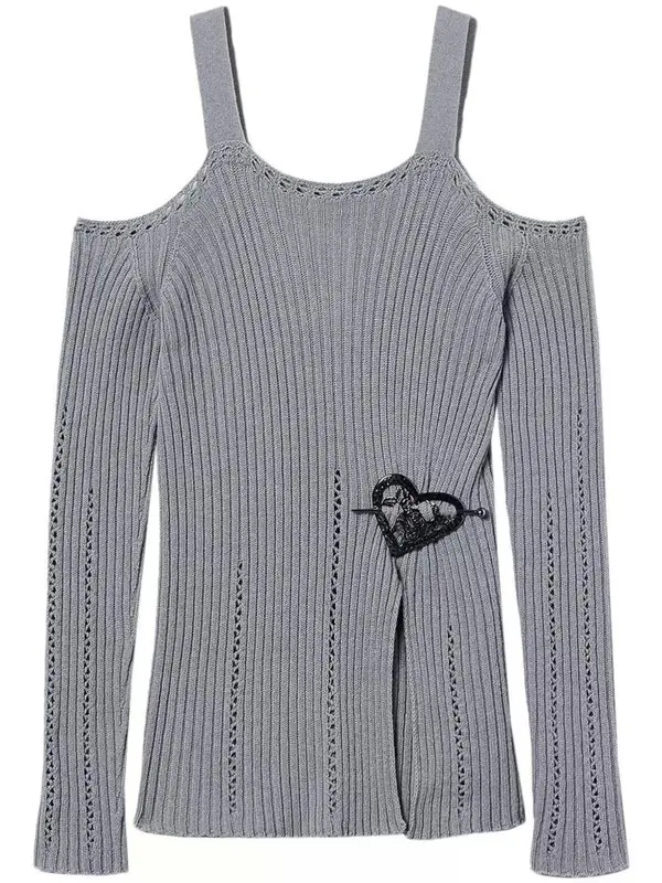 TWINSET Brooch-detail Ribbed Knit Top - Grey