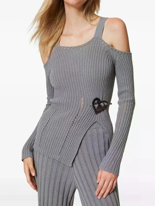 TWINSET Brooch-detail Ribbed Knit Top