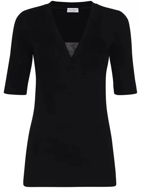 Brunello Cucinelli Ribbed Stretch Cotton V-neck T-shirt With Monili Embellishment - Black