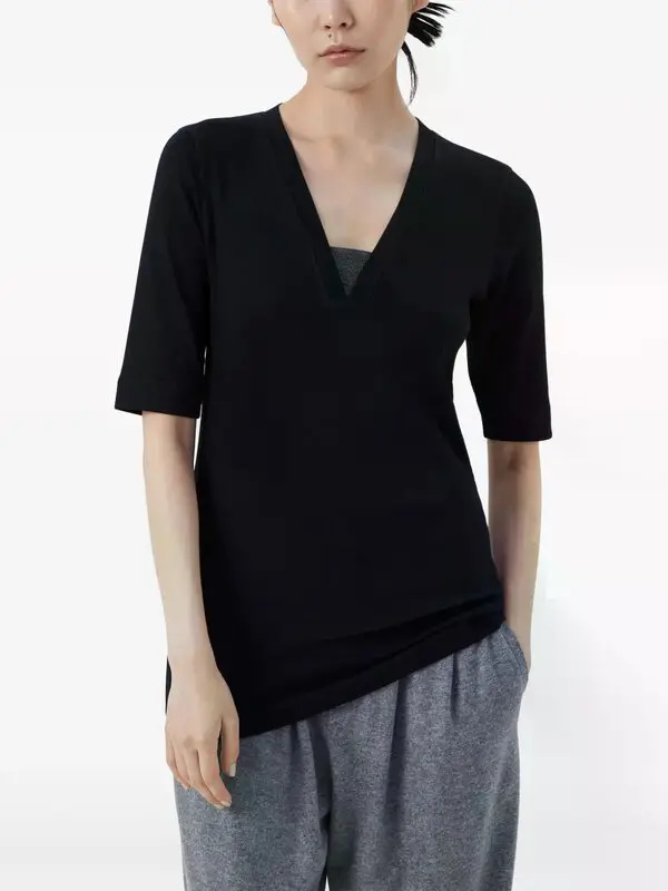 Brunello Cucinelli Ribbed Stretch Cotton V-neck T-shirt With Monili Embellishment - Black