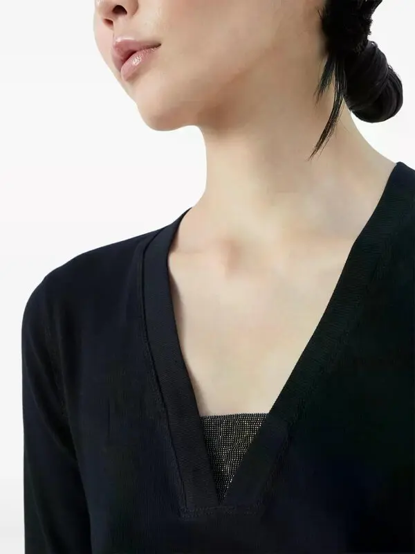 Brunello Cucinelli Ribbed Stretch Cotton V-neck T-shirt With Monili Embellishment - Black