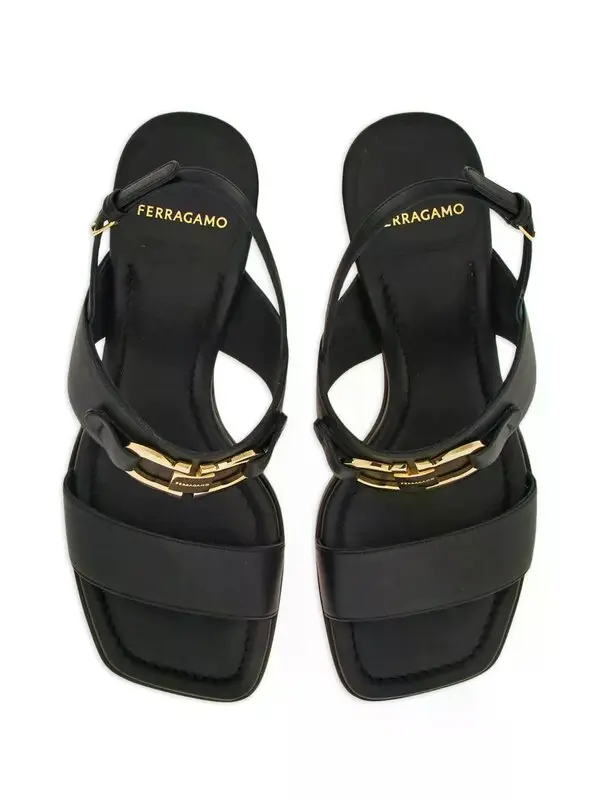 FERRAGAMO Gancini Buckle Leather Block Heel Sandals