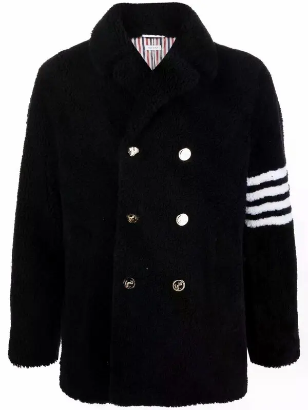 Thom Browne 4-bar Stripe Shearling Pea Coat - Blue