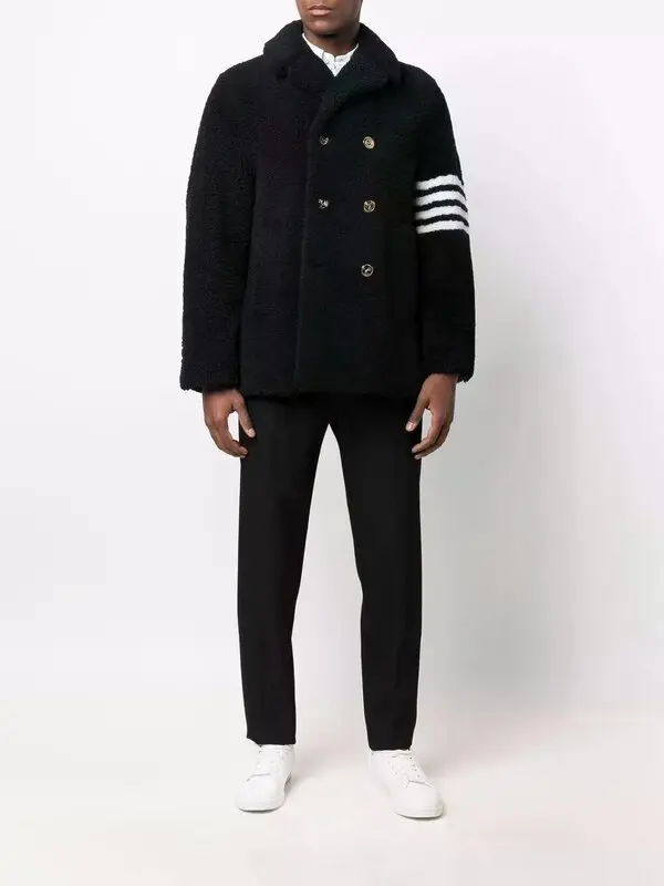 Thom Browne 4-bar Stripe Shearling Pea Coat - Blue