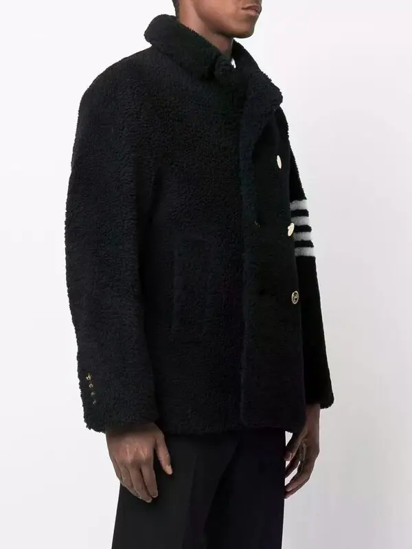 Thom Browne 4-bar Stripe Shearling Pea Coat - Blue