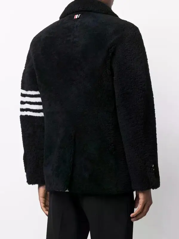 Thom Browne 4-bar Stripe Shearling Pea Coat - Blue