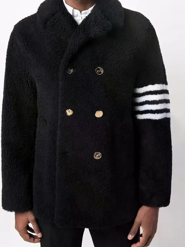 Thom Browne 4-bar Stripe Shearling Pea Coat - Blue