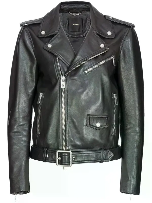 Pinko Belted Leather Biker Jacket - Black