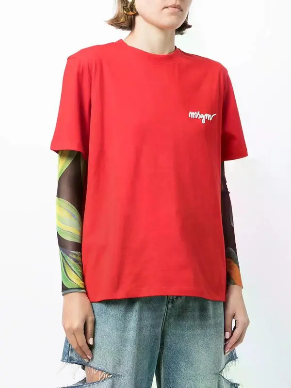 MSGM Crew Neck T-shirt With Chest Logo - Red