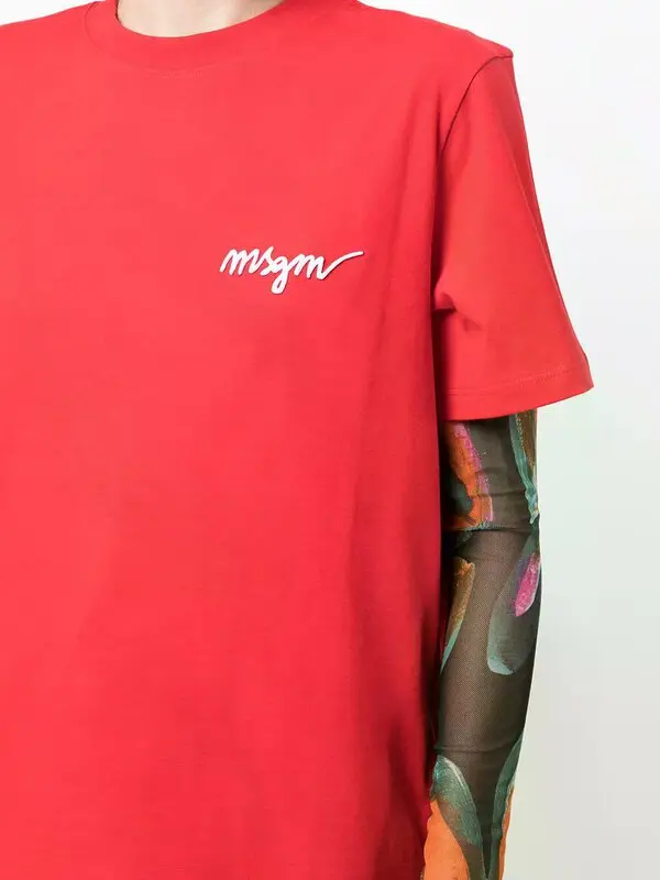 MSGM Crew Neck T-shirt With Chest Logo - Red