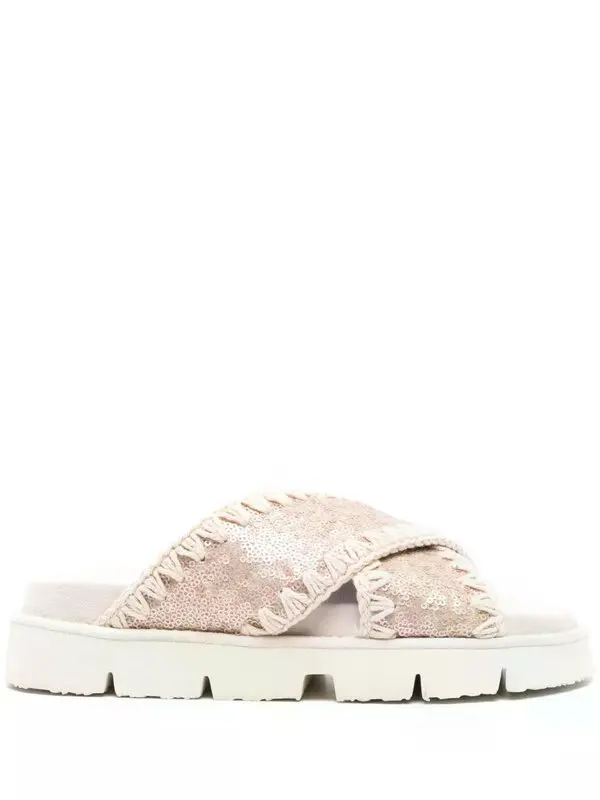 Mou Criss-cross Sequin Embellished Flatform Sandals - Pink