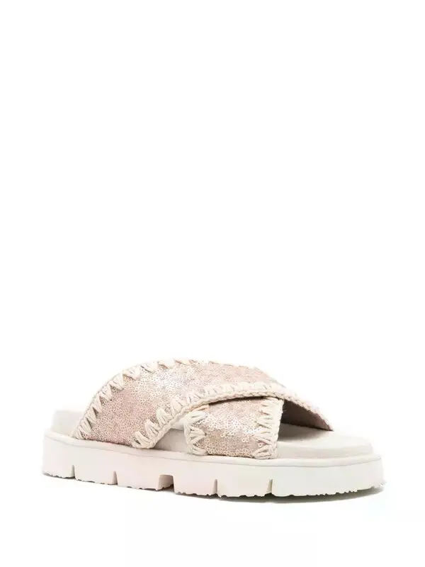 Mou Criss-cross Sequin Embellished Flatform Sandals - Pink