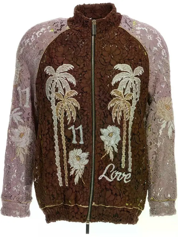 LINEA 11 Embroidered Lace Bomber Jacket - Brown