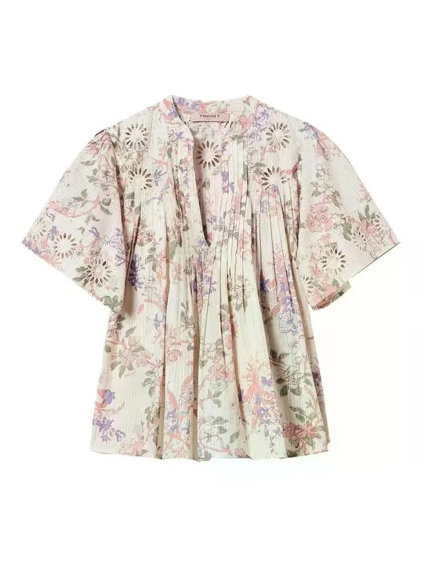 TWINSET Light Beige Floral Print Blouse With Cut-out Detailing