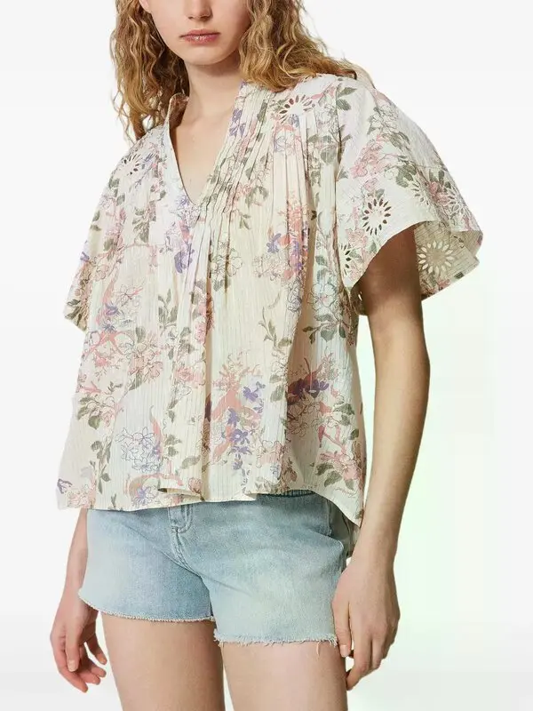 TWINSET Light Beige Floral Print Blouse With Cut-out Detailing