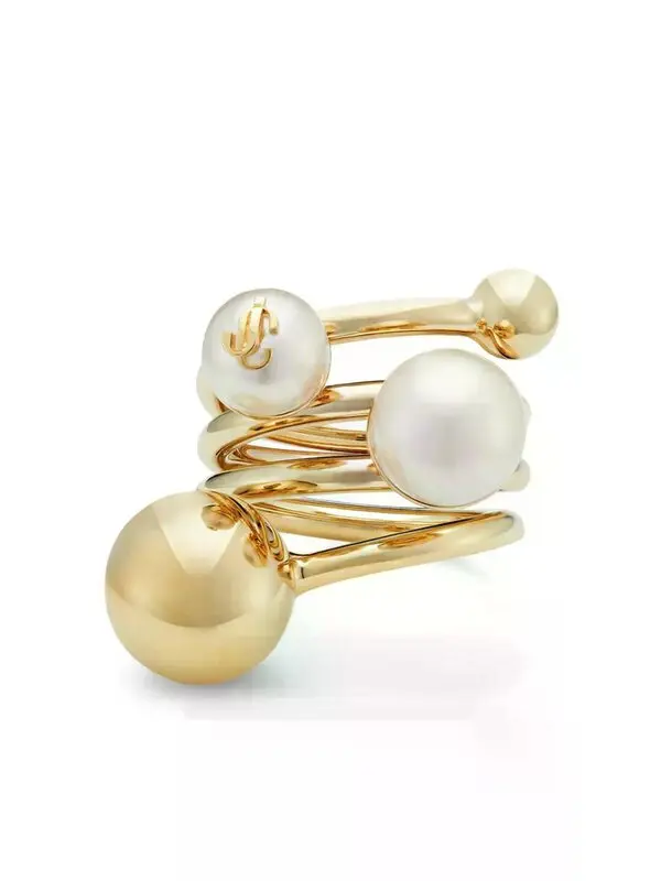 JIMMY CHOO Multi Pearl Ring With Embossed Logo - Gold