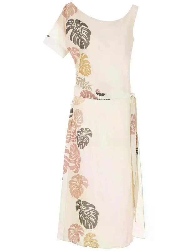 AMIR SLAMA Palm Leaf Print Asymmetric Dress - Neutrals