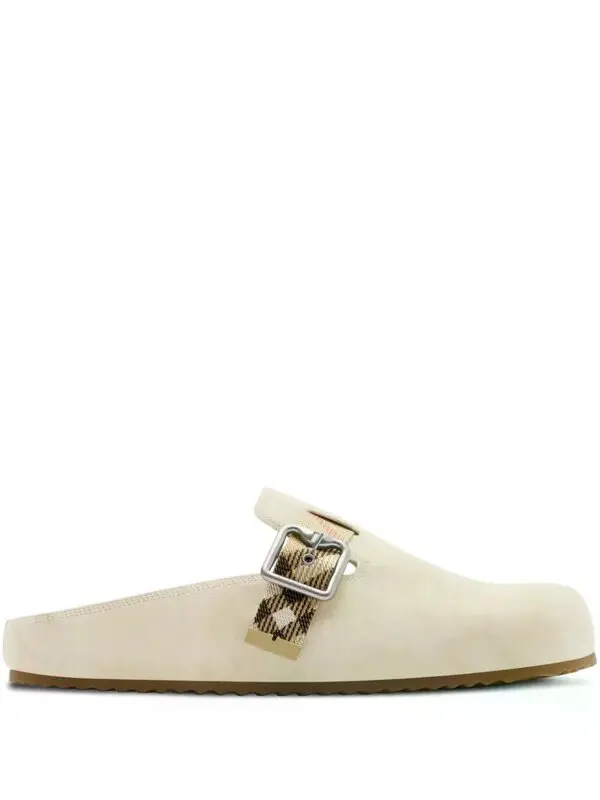 Burberry Suede Buckled Clogs - Neutrals