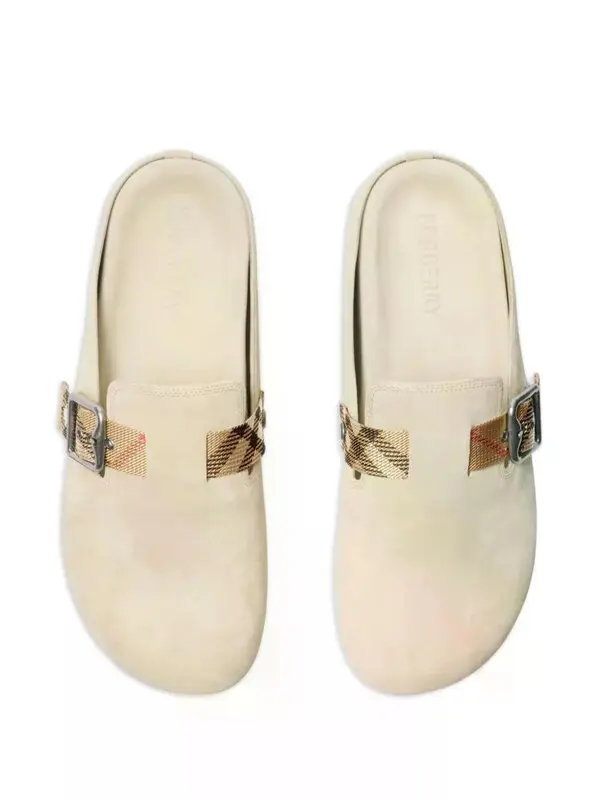 Burberry Suede Buckled Clogs - Neutrals
