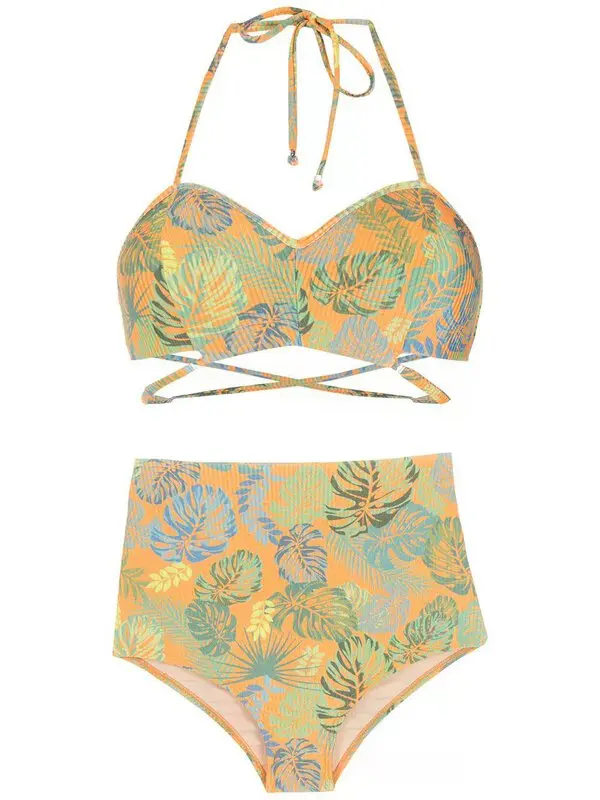 AMIR SLAMA Palm Leaf Print High-rise Bikini - Orange
