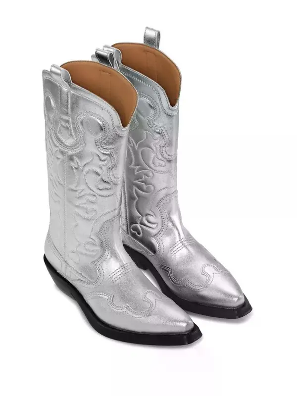GANNI 40mm Metallic Leather Western Boots - Silver