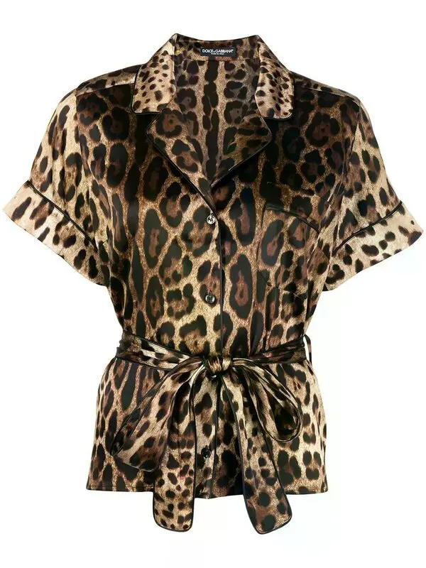 Dolce & Gabbana Leopard-print Belted Silk Shirt - Brown