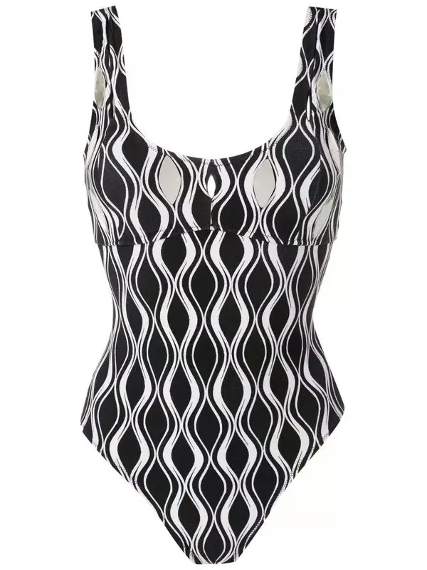 AMIR SLAMA Wave-print Swimsuit With Silver-tone Hardware - Black