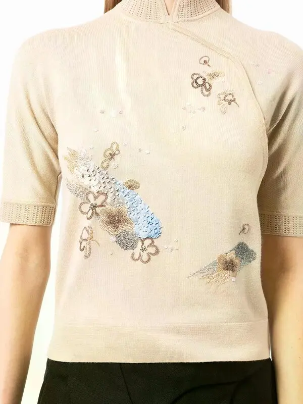Shiatzy Chen Embroidered Band Collar Knitted Top