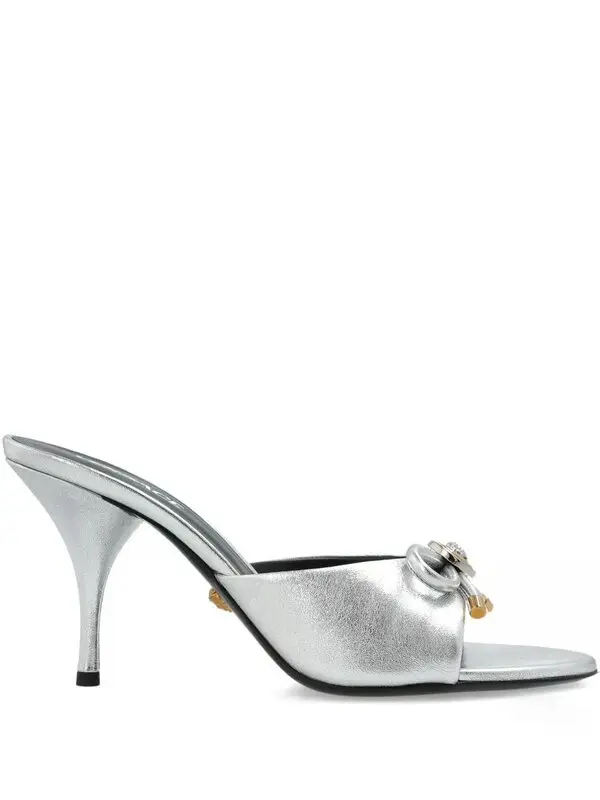 Versace Opera Bow Metallic Heeled Mules - Silver