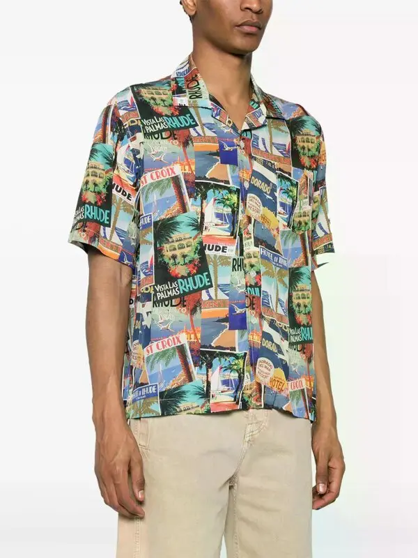 Rhude Postal Card-print Bowling Shirt - Blue