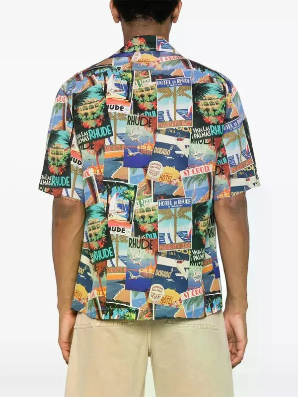 Rhude Postal Card-print Bowling Shirt - Blue