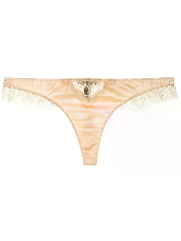 Kiki De Montparnasse Lace Inset Silk Charmeuse Thong - Neutrals