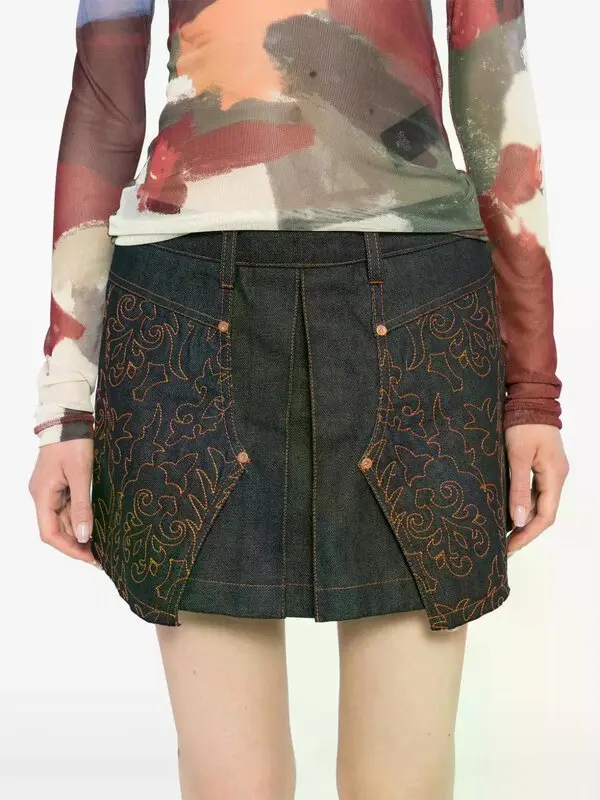 Andersson Bell Embroidered Panelled Pleated Denim Skirt