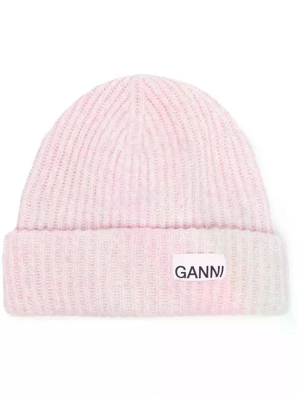 GANNI Logo-patch Ribbed-knit Beanie - Pink