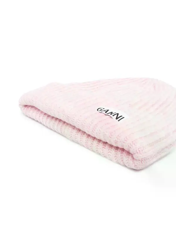 GANNI Logo-patch Ribbed-knit Beanie - Pink