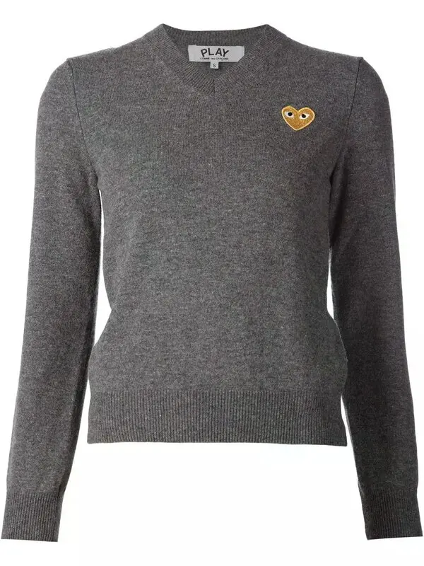 Play Comme Des Garcon Embroidered Heart V-neck Sweater - Grey