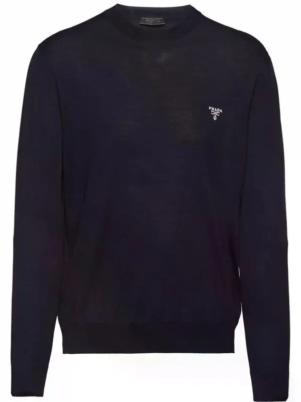 Prada Embroidered Logo Superfine Wool Crew Neck Jumper - Blue