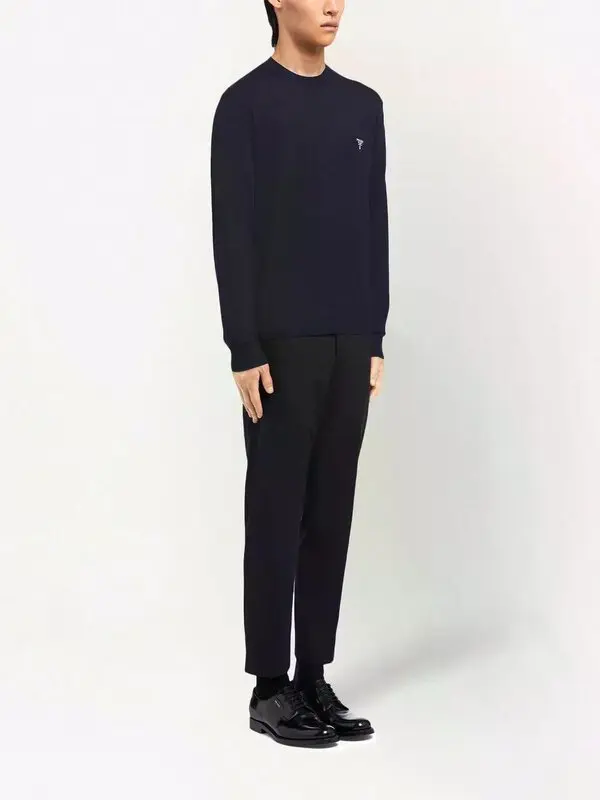 Prada Embroidered Logo Superfine Wool Crew Neck Jumper - Blue