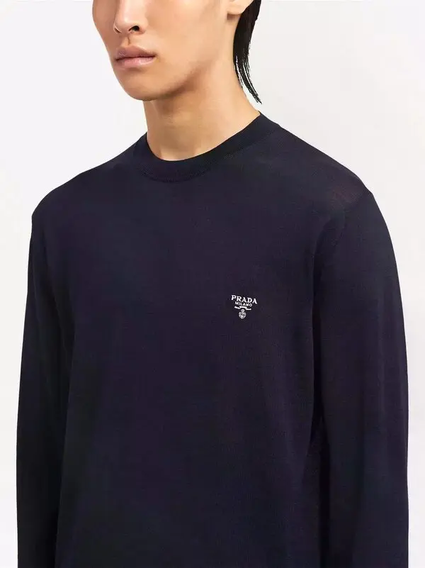 Prada Embroidered Logo Superfine Wool Crew Neck Jumper - Blue