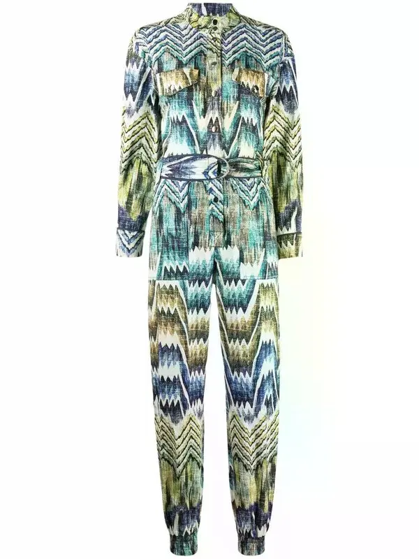 Chufy Patterned Belted Jumpsuit - Green