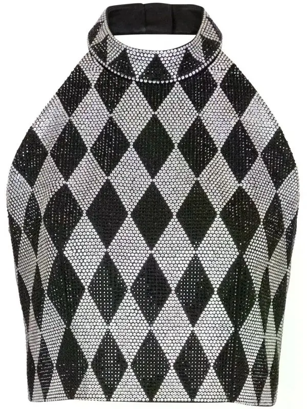 Balmain Diamond-print Rhinestone Crop Top - Black